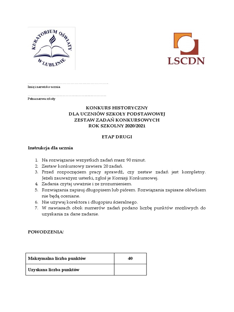 Arkusz Historia Etap 2 2020 2021 | PDF