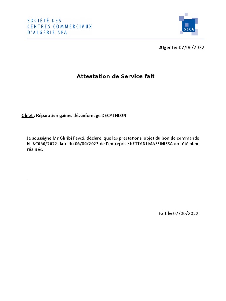 Attestation De Service Fait Modèle – AGDOB