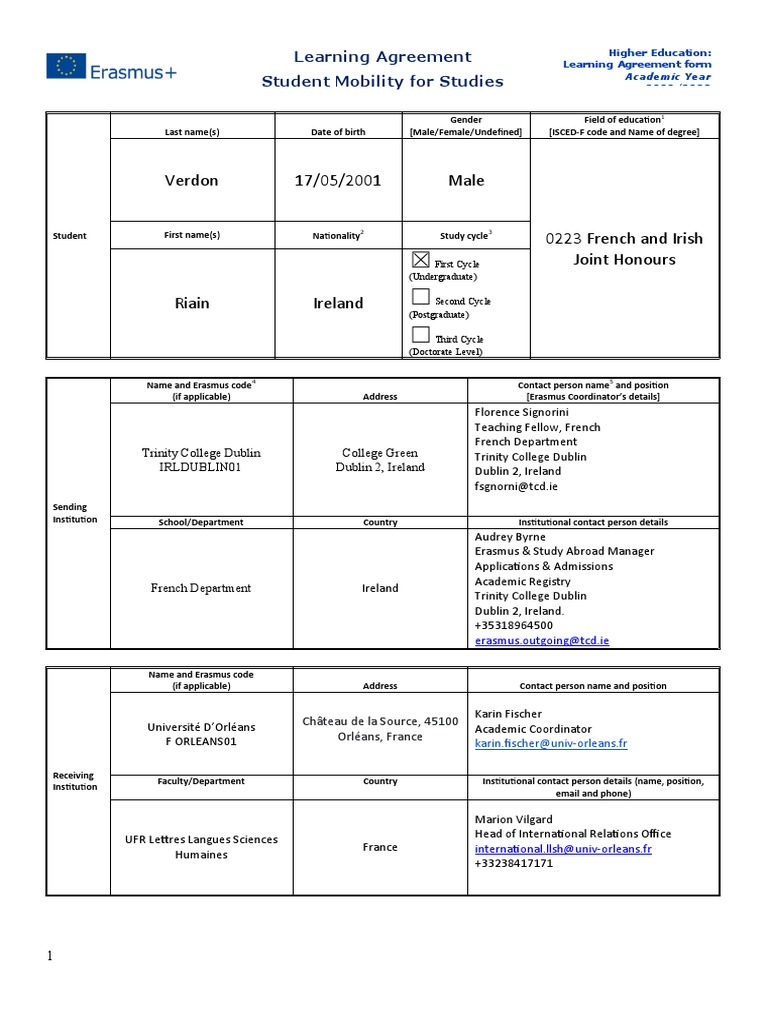 Université D'Orléans - Student Learning Agreement - Erasmus - 2022 - 23 ...