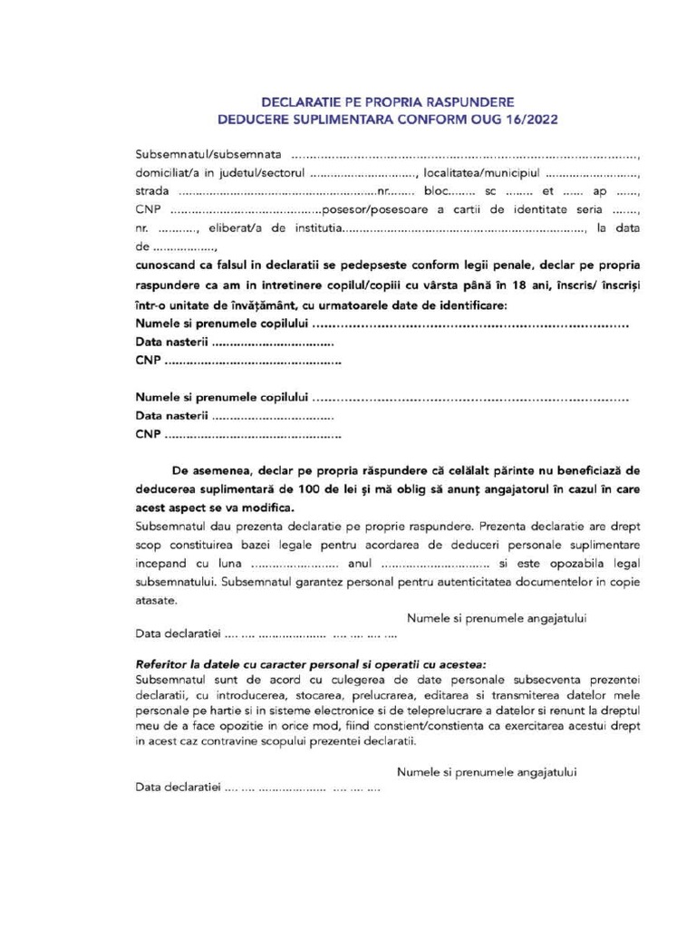 Declarația Pe Propria Răspundere de Deducere Suplimentară Conform OUG16 ...