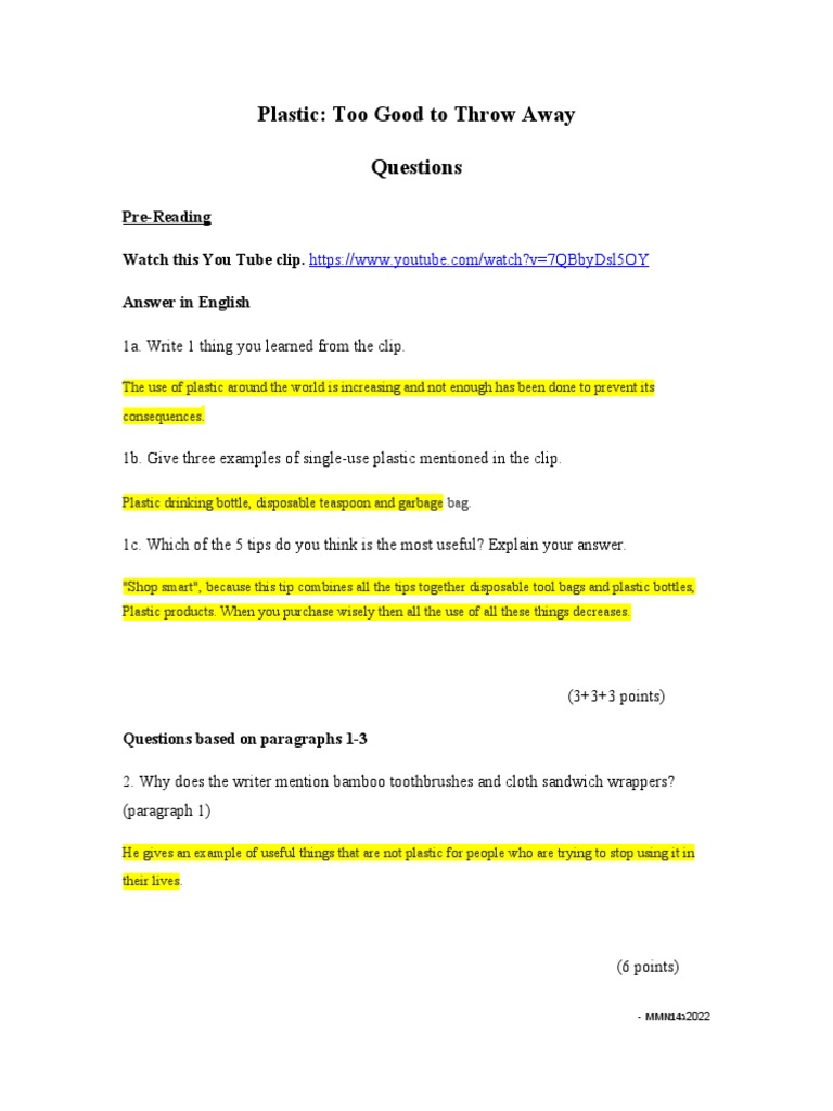 Plastic: Too Good To Throw Away Questions: Pre-Reading Watch This You ...