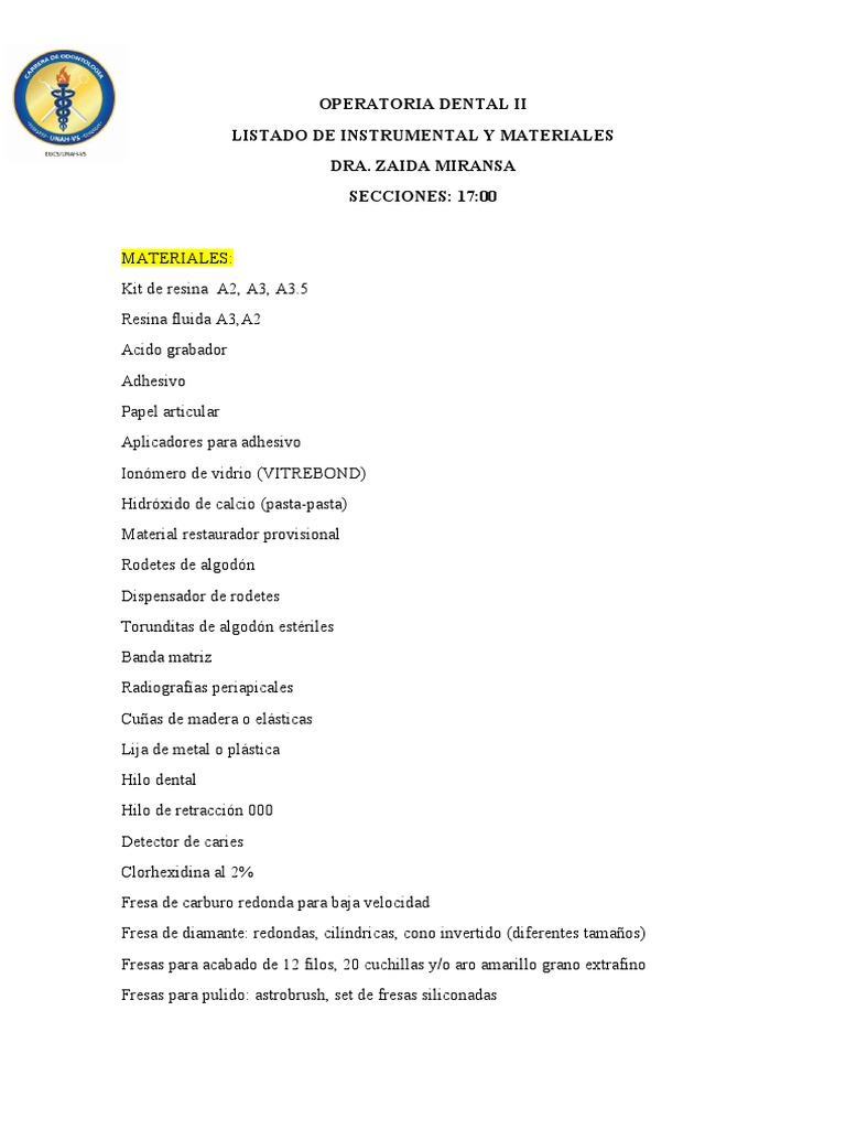 Lista de Materiales e Instrumentos en Operatoria Dental II | PDF