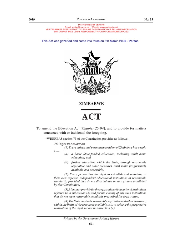 Zimbabwe Education Amendment Act 2020 | PDF | Government | Justice