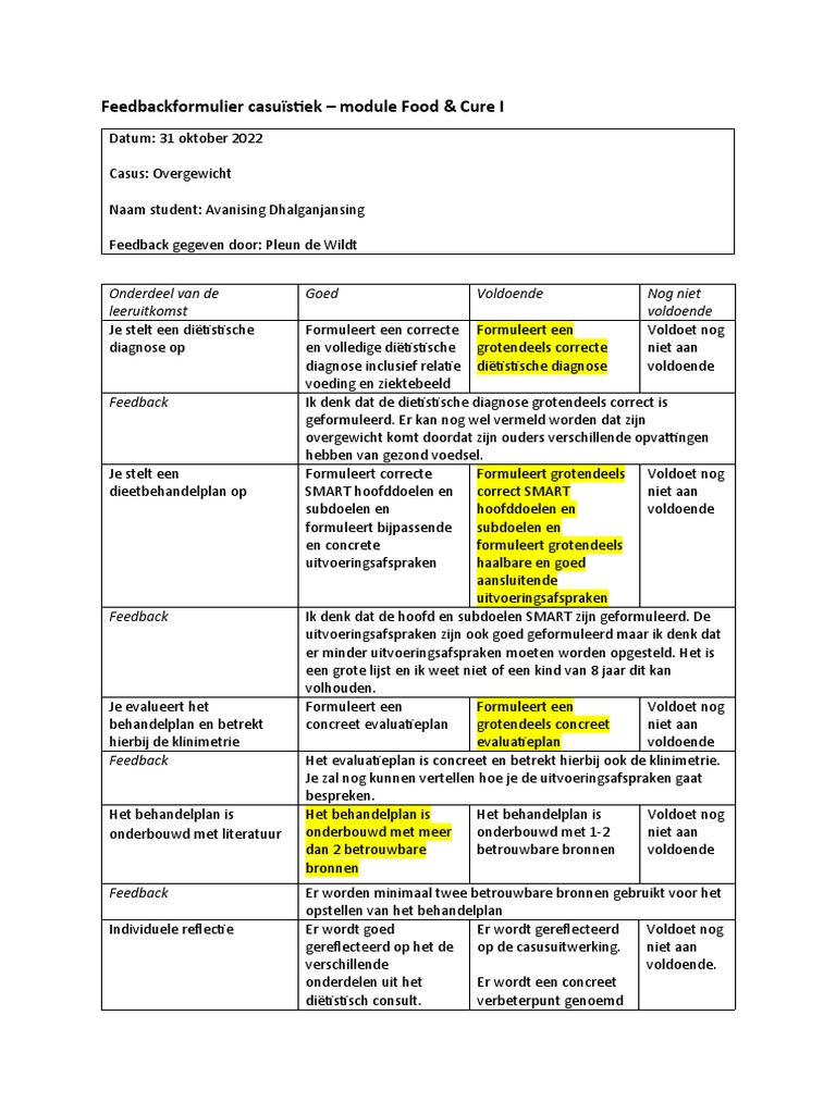 Feedbackformulier Casuïstiek (Pleun) | PDF