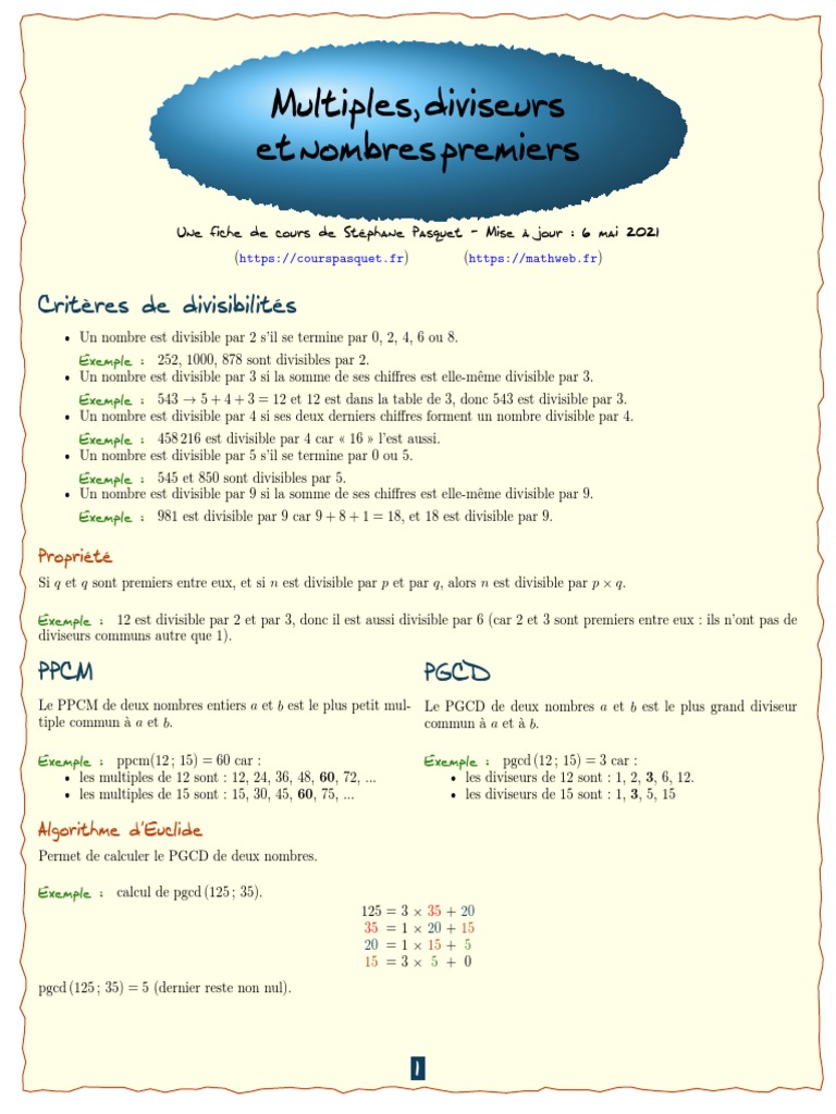 Multiples, Diviseurs et Nombres Premiers | PDF | Nombre premier ...