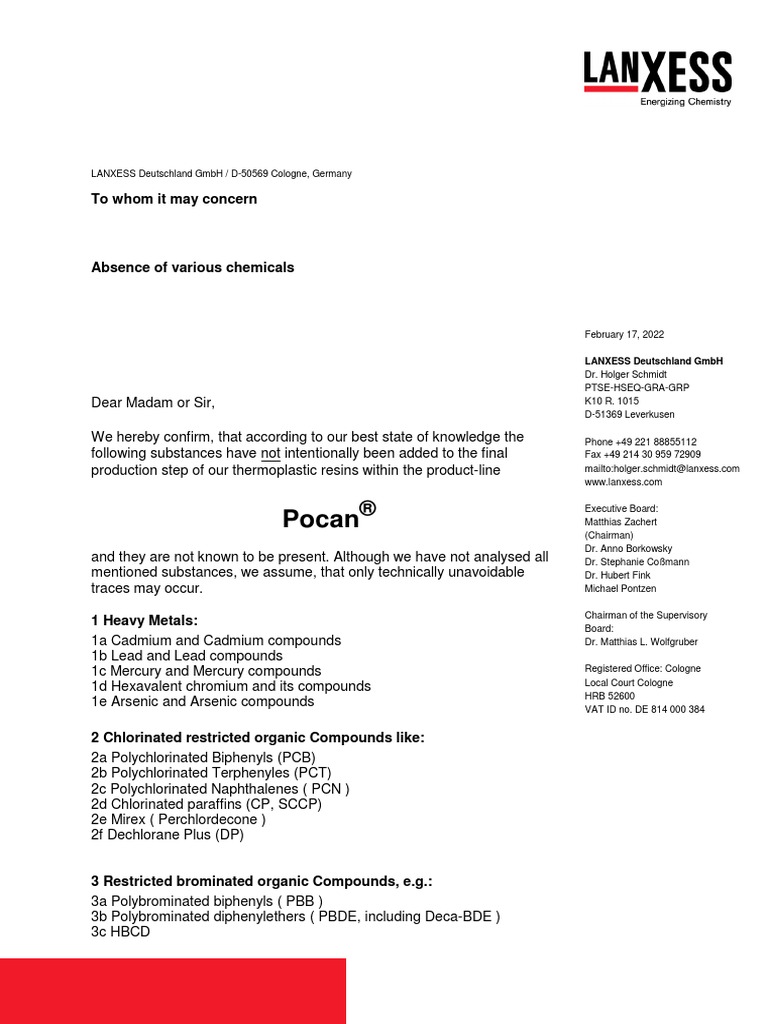 LANXESS Pocan - Nonuse of Various Chemicals - 2021-03-23 | PDF ...