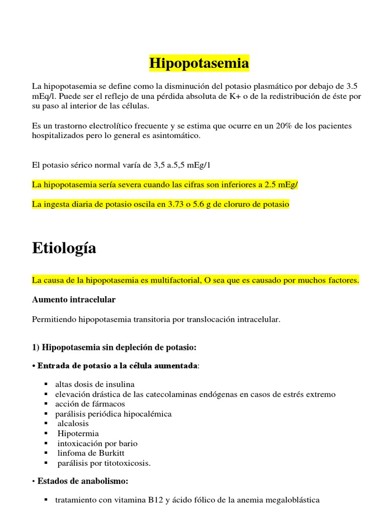 Causas y Tratamiento de Hipopotasemia | PDF | Potasio | Química