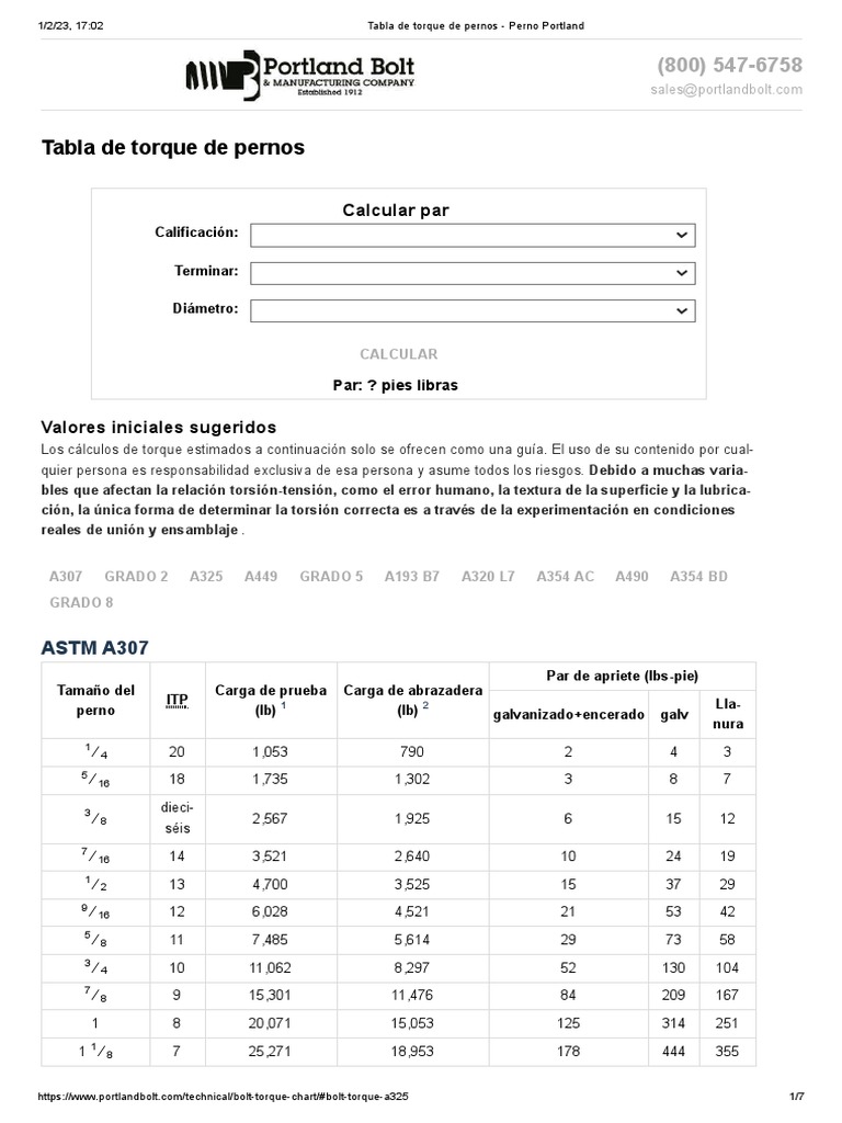 Tabla de Torque de Pernos - Perno Portland | PDF | Tornillo | Metalurgia
