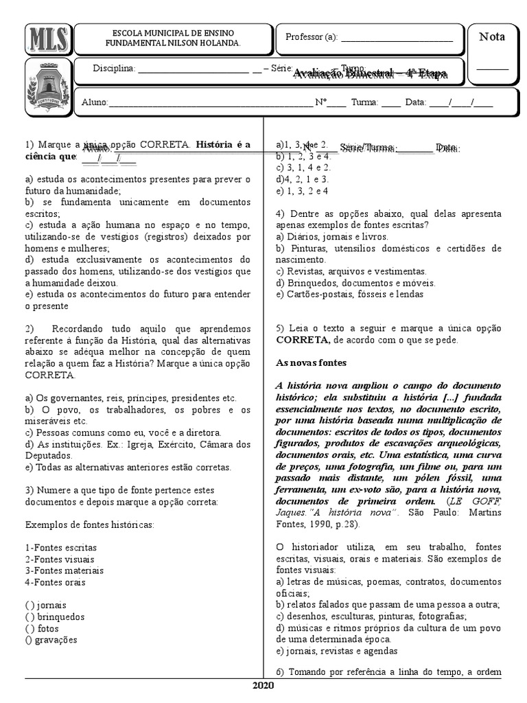N.H Prova Bimestral 6 Ano | PDF | História Antiga | Idade Média