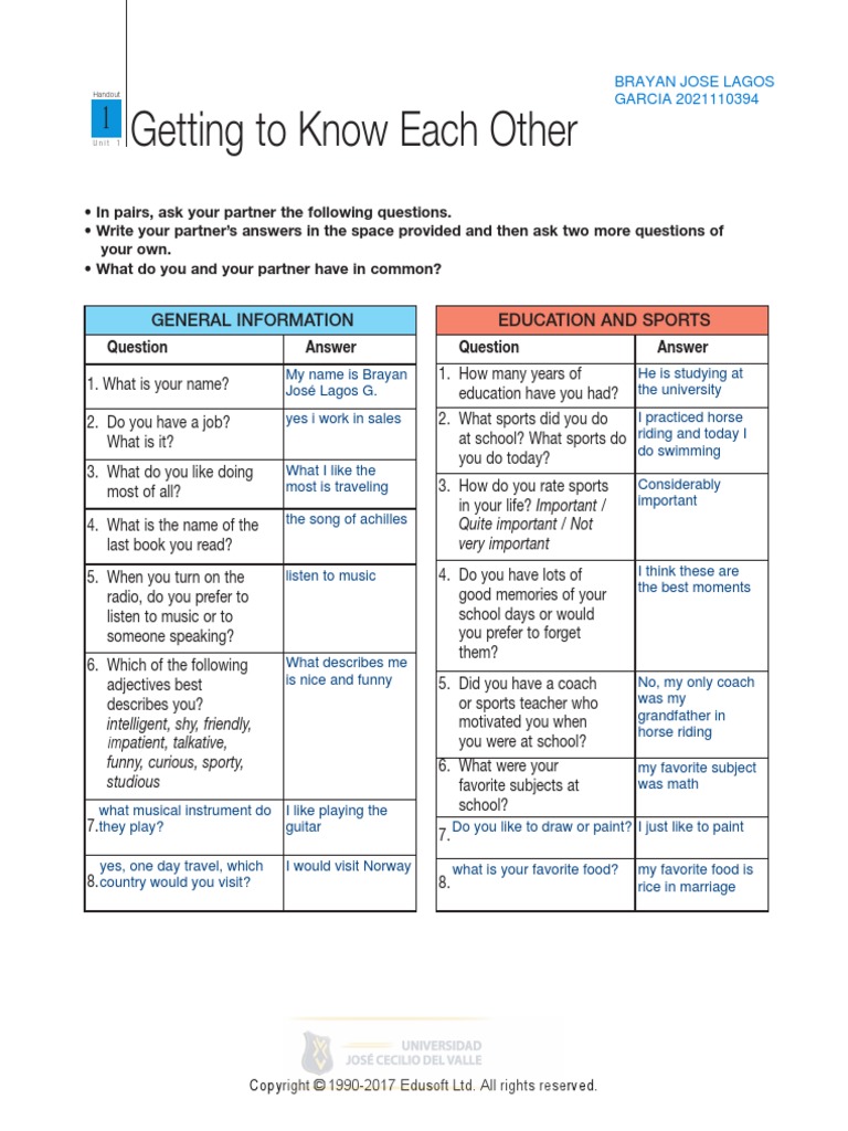BRAYAN LAGOS 2021110394 Handout 1 Unit 1 Education Getting To Know Each ...