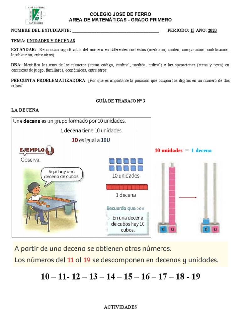 1° Guia 3 - Unidades y Decenas | PDF