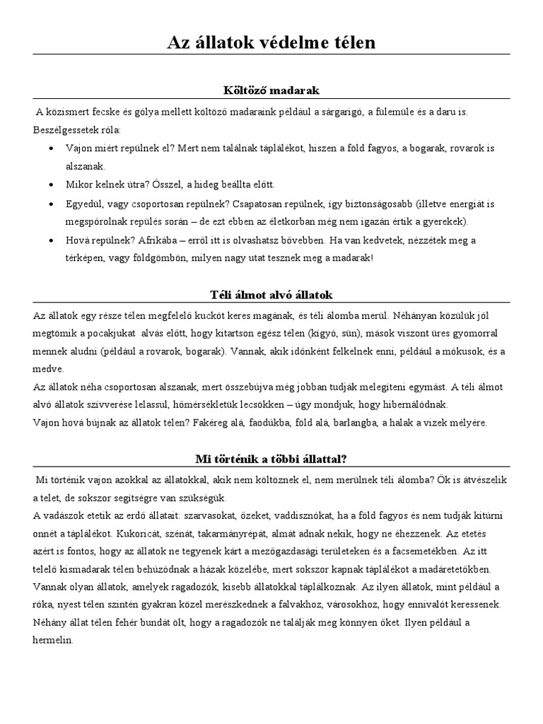 Az Állatok Védelme Télen | PDF