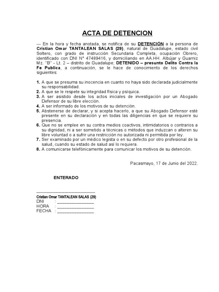 Acta de Detencion - Depincri | PDF Acta de Detencion - Depincri | PDF