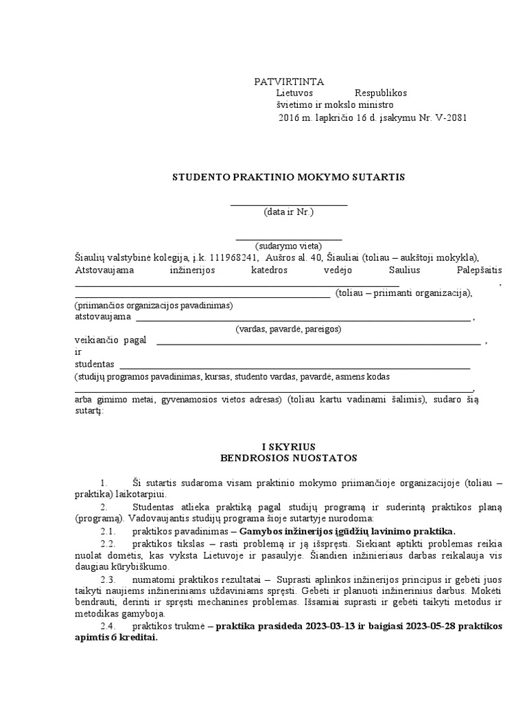 Praktinio Mokymo Sutarties Forma | PDF