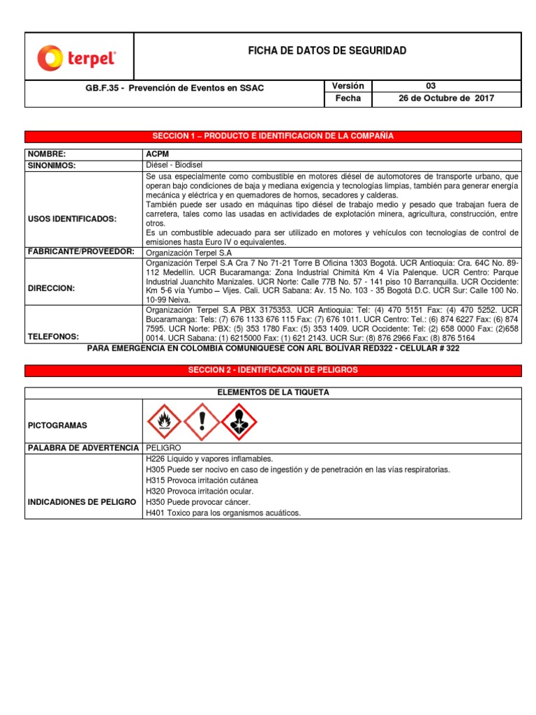 Ficha de Seguridad Acpm | PDF | Agua | Descomposición
