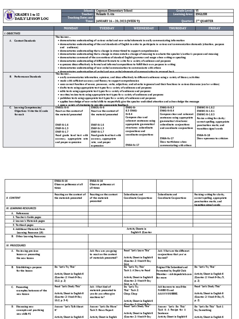 DLL - English 6 - Q2 - W9 | PDF | Learning | Communication