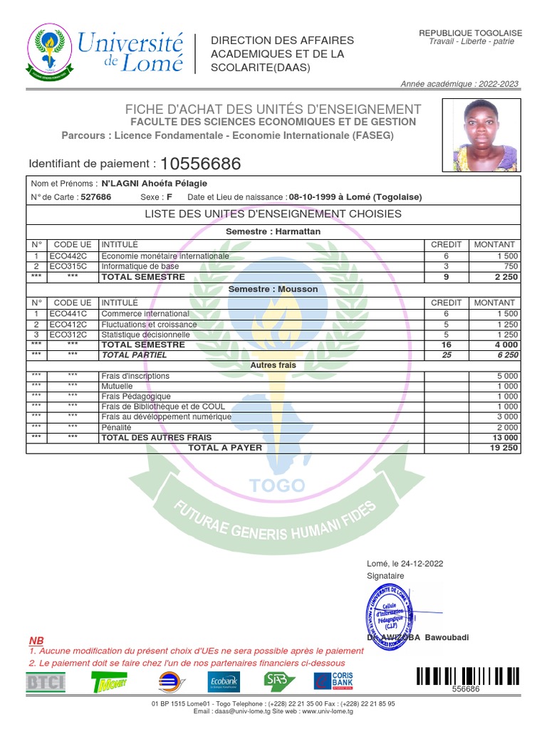Fiche D'Achat Des Unités D'Enseignement: Identifiant de Paiement | PDF ...