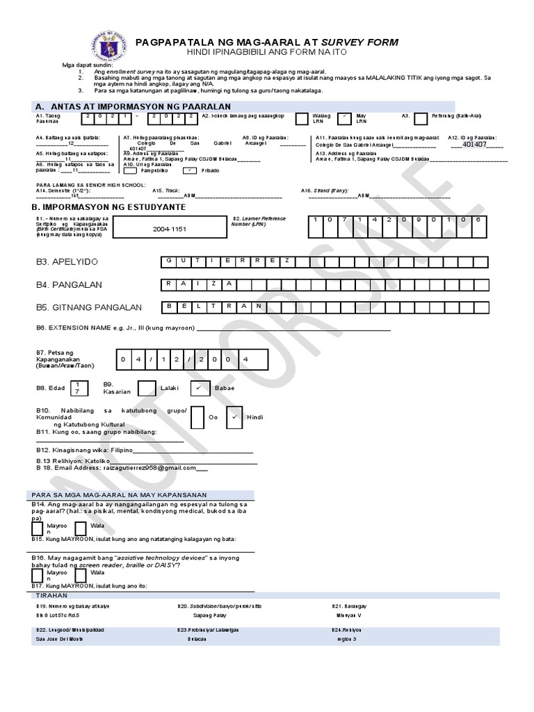 Pagpapatala NG Mag-Aaral at Survey Form | PDF
