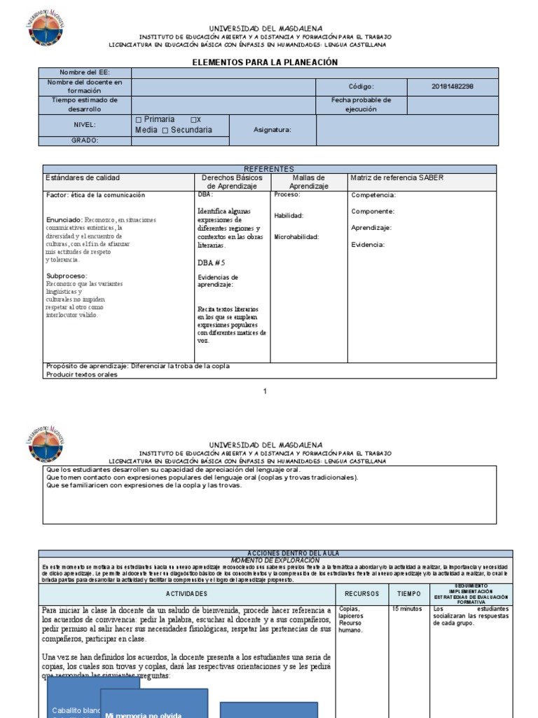 Planeacion de Clase Grado 6° La Trovas y Coplas. | PDF | Aprendizaje | Educación primaria