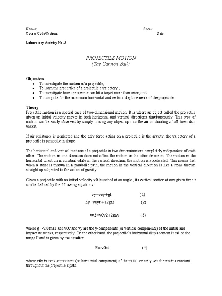 Physics Lab Pdf Projectiles Mechanics