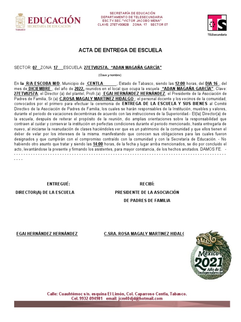 15 Acta de Entrega de Escuela Actual | PDF