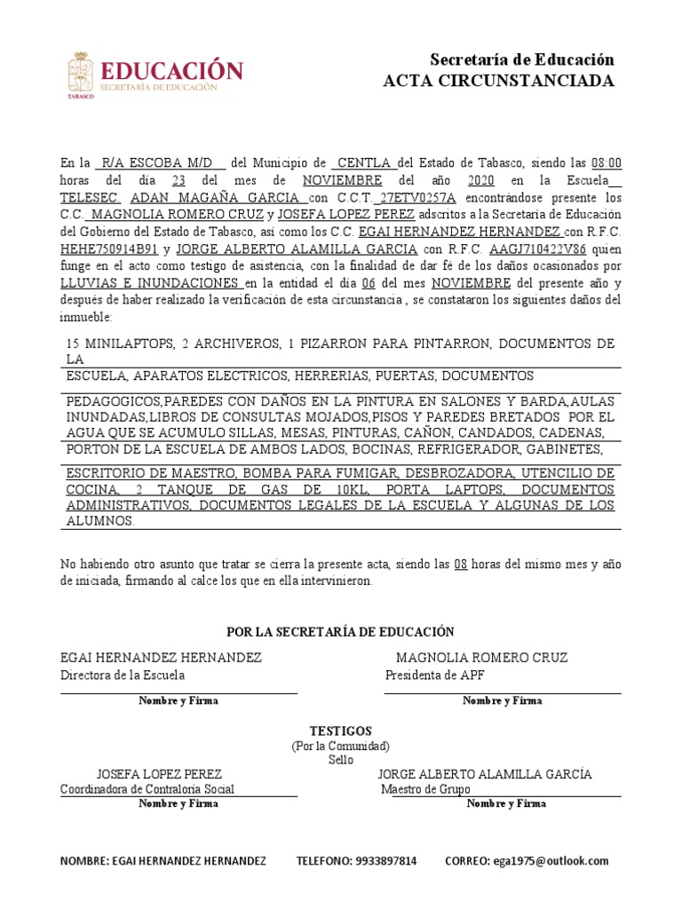 Acta Circunstanciada de Daños Escolares | PDF