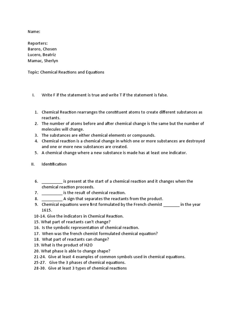 ACT # 6 Chemical Reactions and Equations | PDF