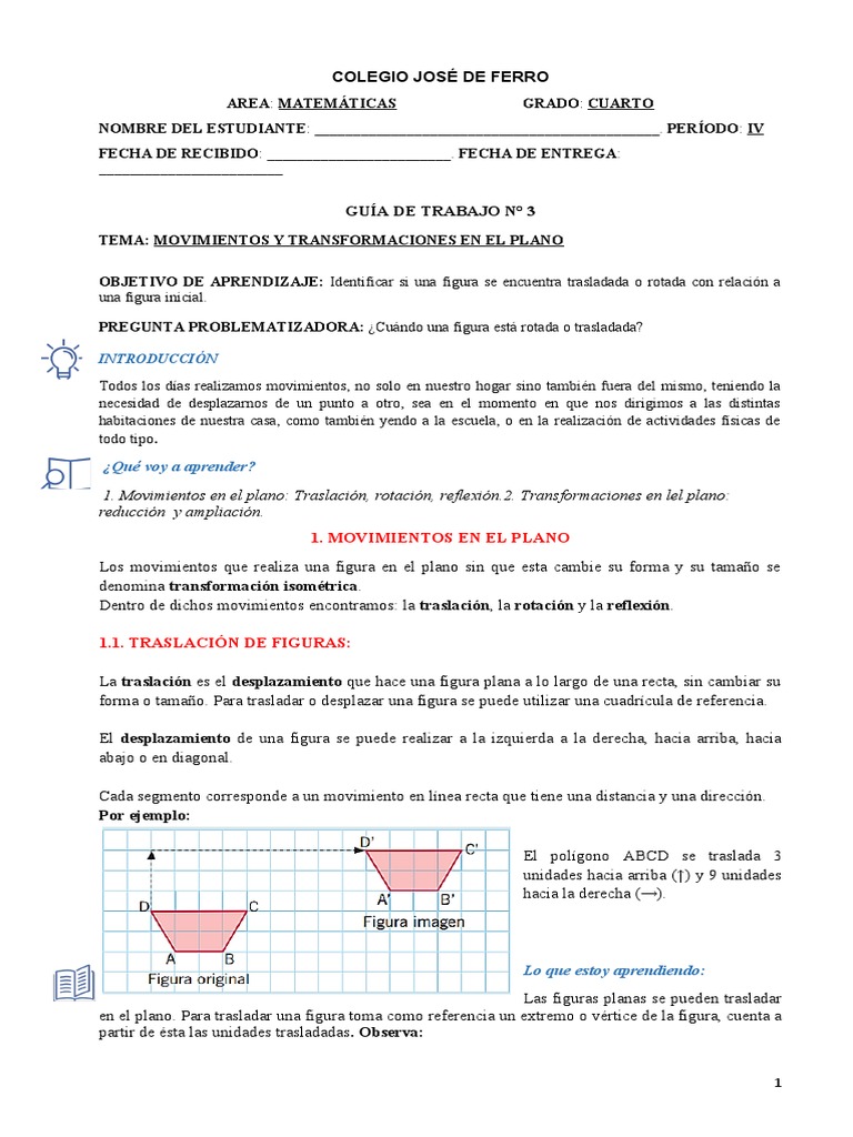4° Matemáticas Guia # 3 Movimientos Transformaciones en El Plano | PDF ...