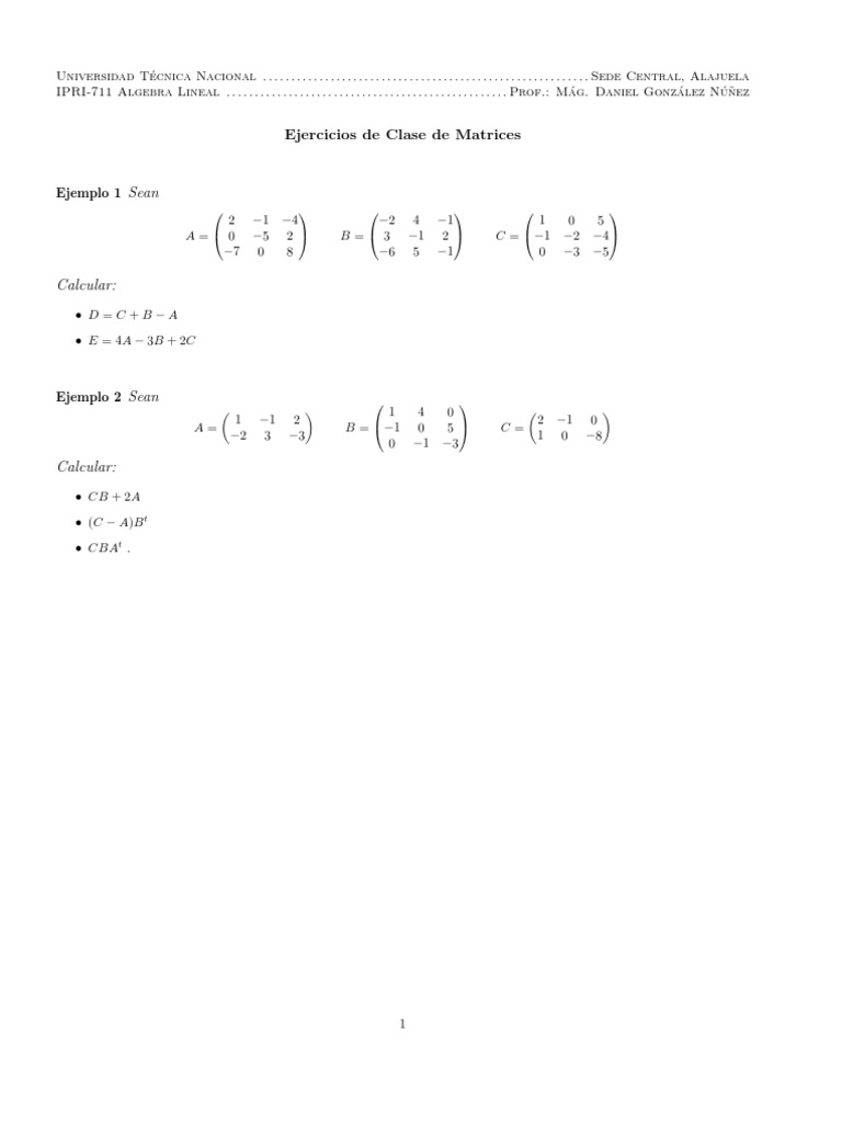Ejercicios de Clase de Matrices G1.Tex | PDF