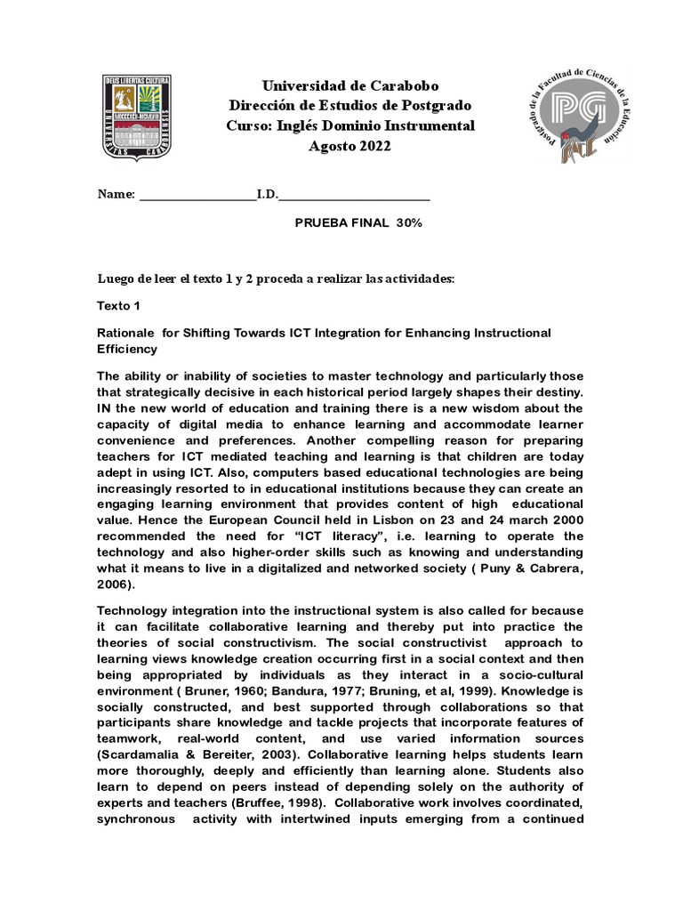Prueba Final 30% Rationale For Shifting Towards ICT Integration For ...