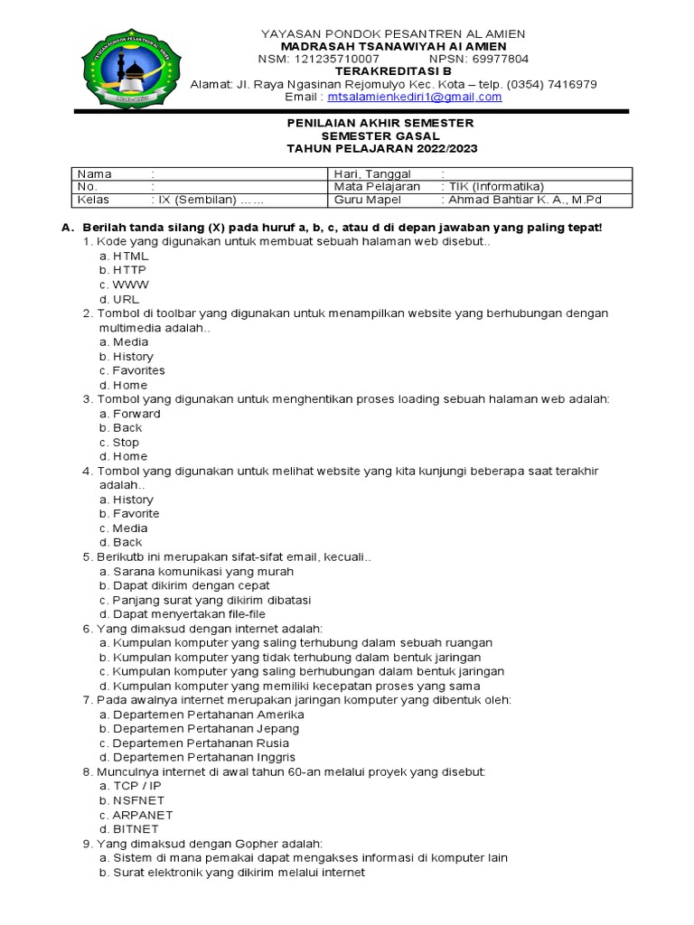 Soal Pas Gasal 22-23 Tik (Informatika) KLS Ix | PDF