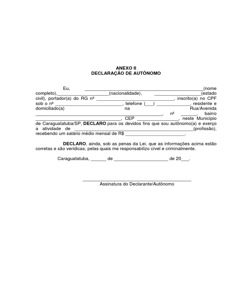 Lei 2579 21 Anexo II Declaracao de Autonomo | PDF