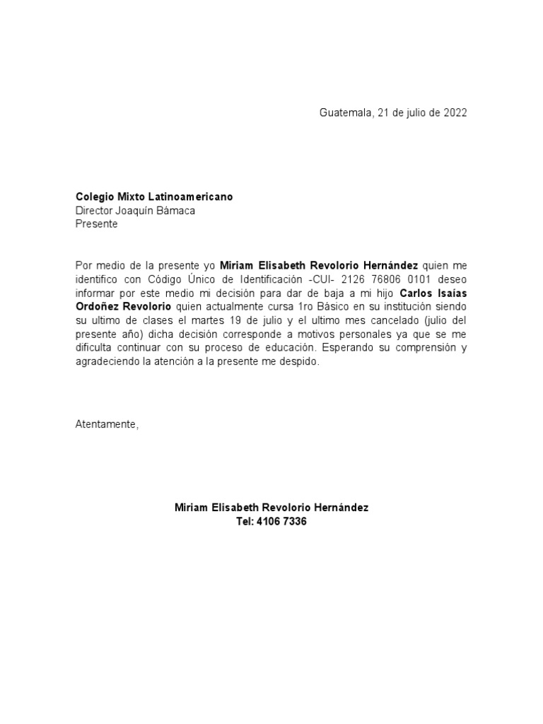 Carta para Dar de Baja en Colegio | PDF Carta para Dar de Baja en Colegio | PDF