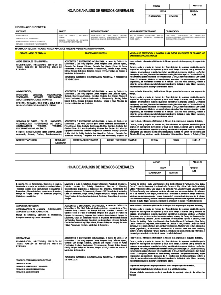 Hoja de Analisis y Notificacion de Riesgos General Por Puesto de ...