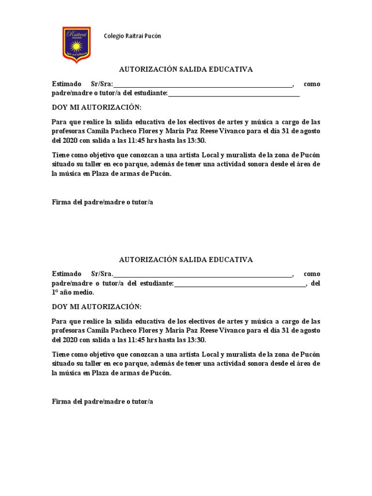 Autorización Salida Educativa | PDF Autorización Salida Educativa | PDF