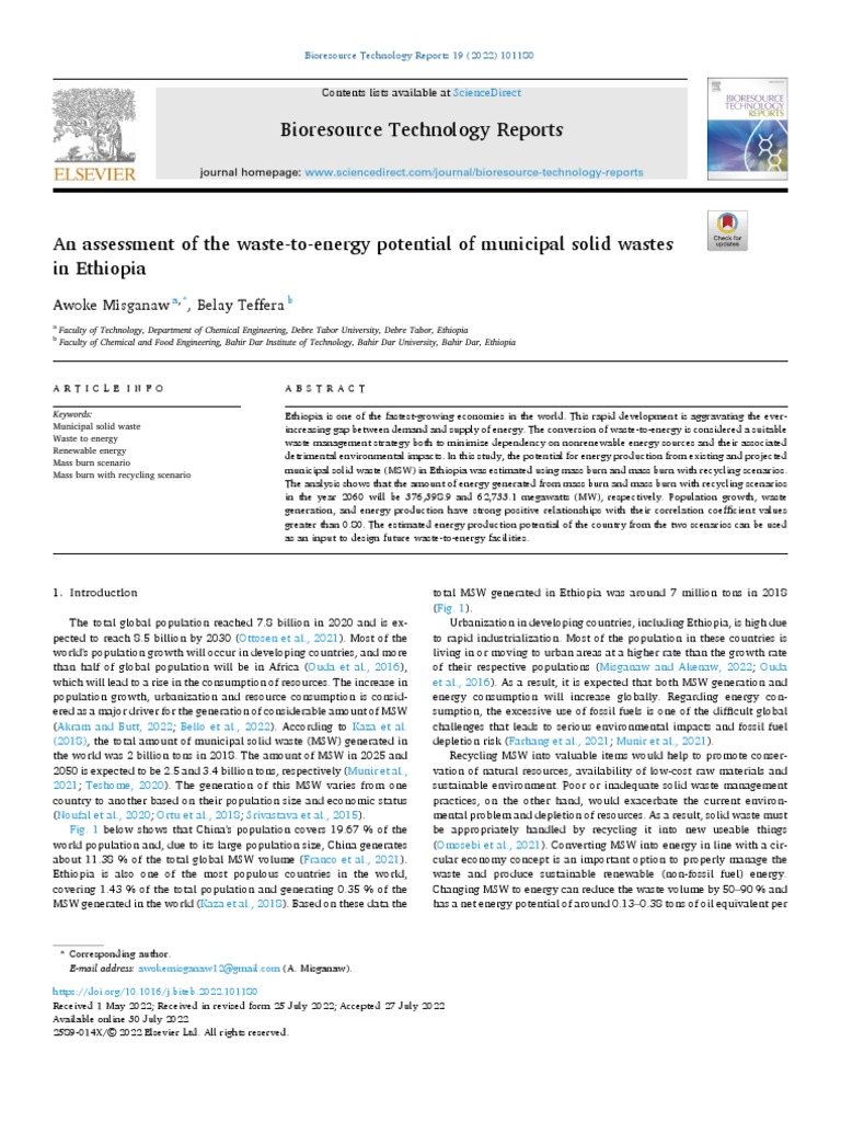An Assessment of The Waste-To-Energy Potential of Municipal Solid ...