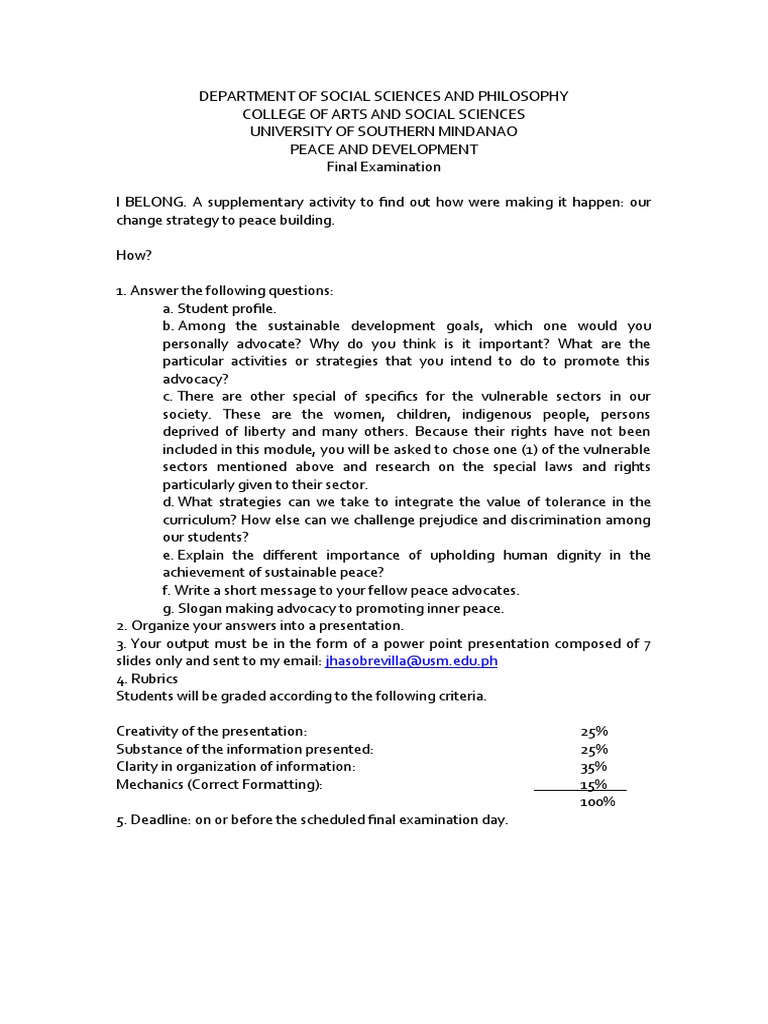 Supplementary Activity for Peace Advocacy | PDF | Social Science | Self ...