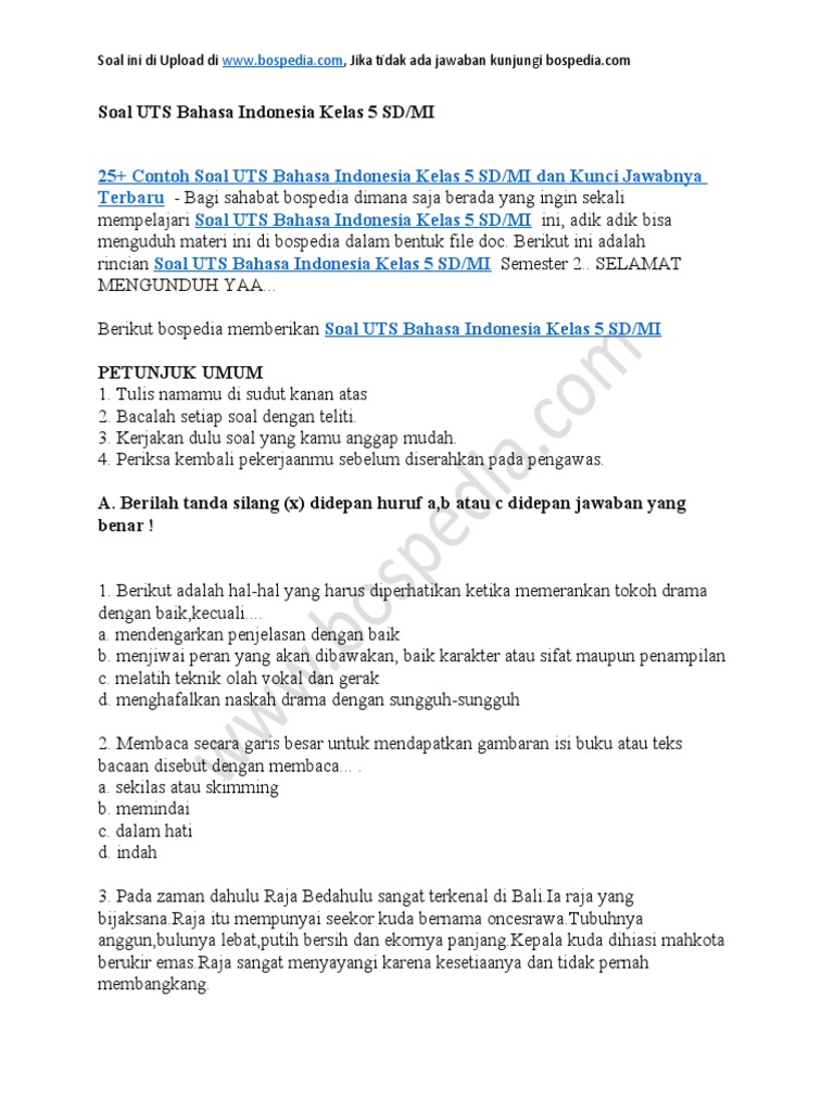 Soal UTS Bahasa Indonesia Kelas 5 SD | PDF