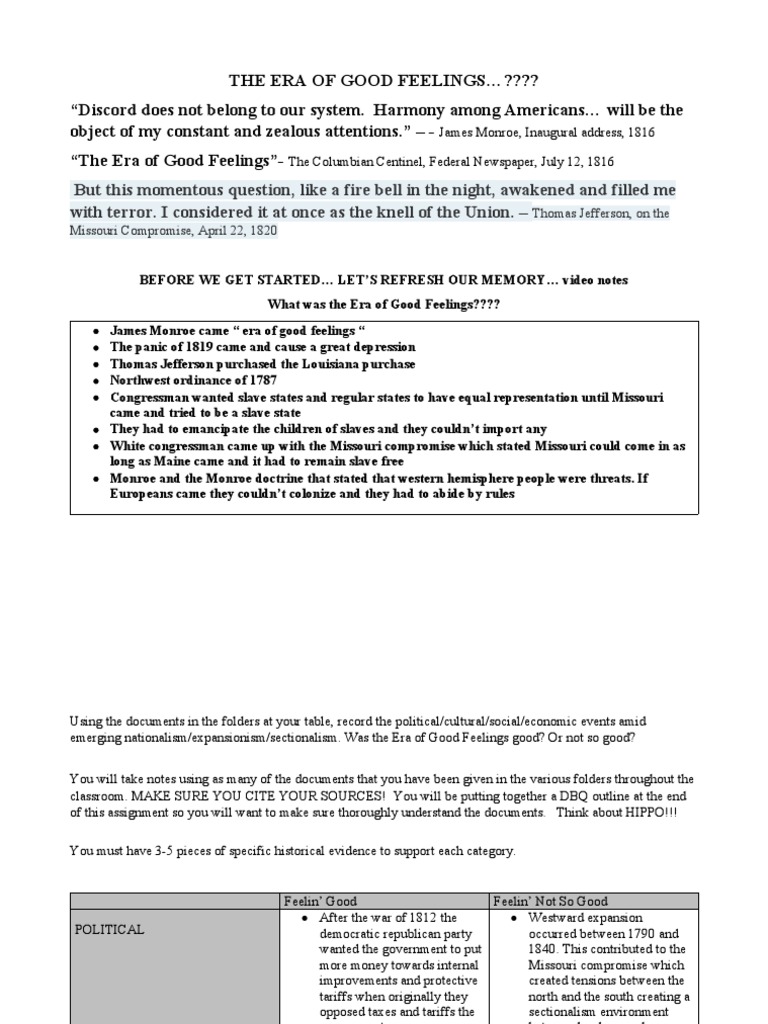 Era of Good Feelings | Download Free PDF | James Monroe | Society Of ...