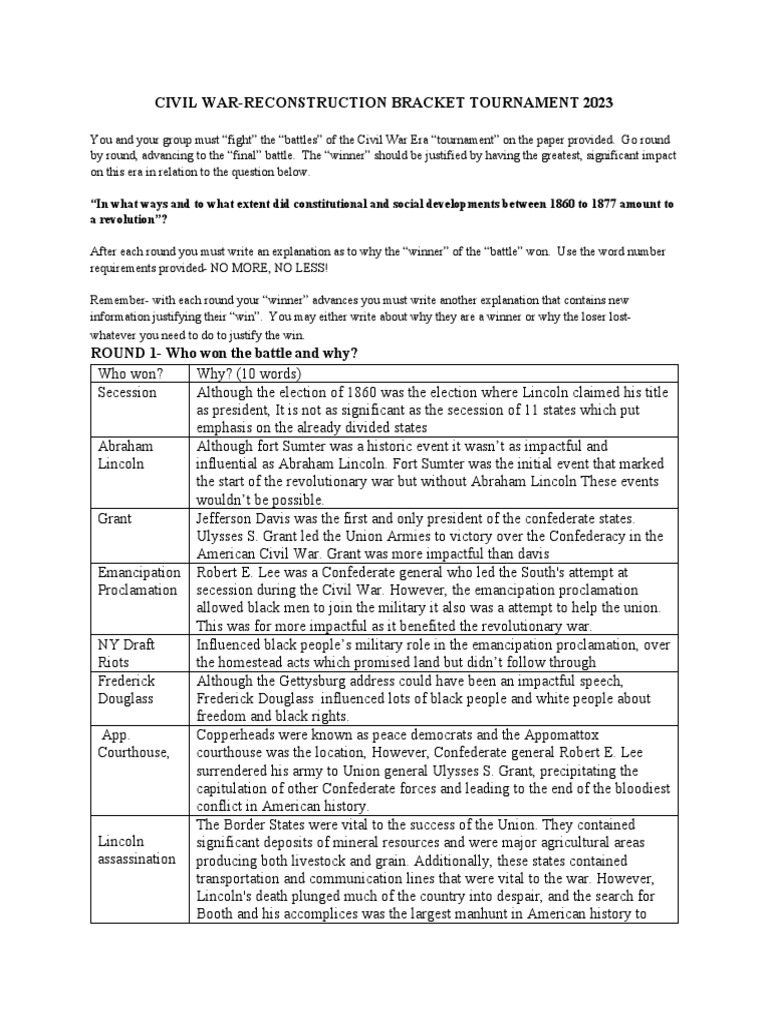 Civil War Bracket Assignment 2023 | PDF | American Civil War ...