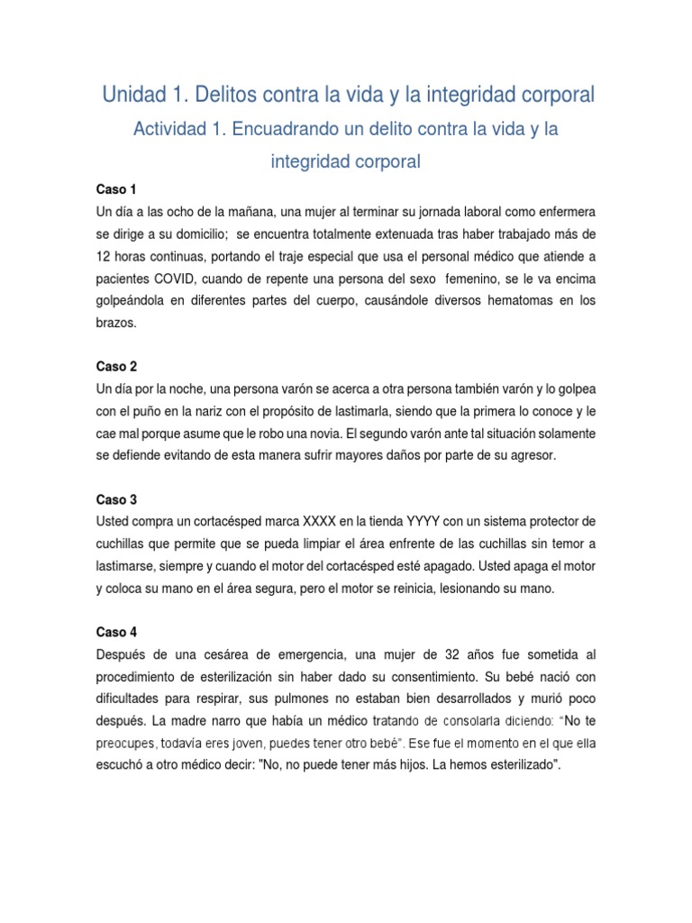 Actividad1.Casos para Encuadrar Un Delito Contra La Vida y La Integridad Corporal | PDF