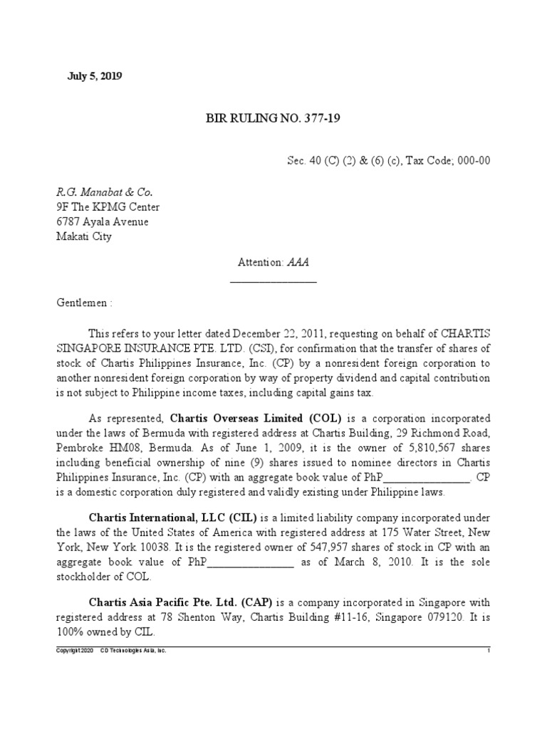 BIR Ruling No. 377-19 | PDF | Dividend | Taxes