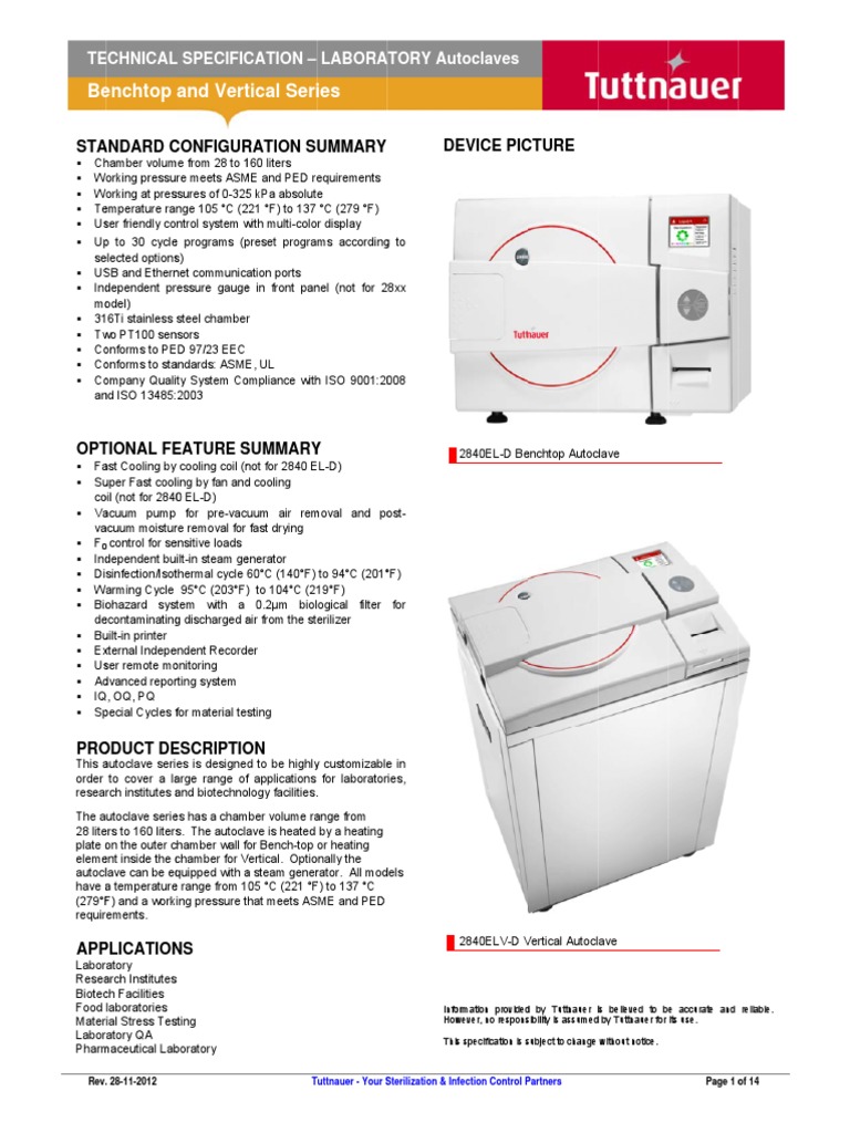 Benchtop and Vertical Laboratory Autoclaves - Tuttnauer - Ver 1.15 - 0 | PDF | Sterilization ...