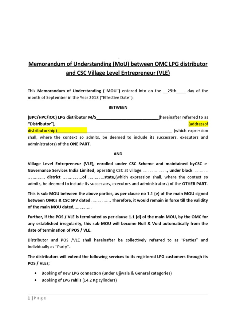Sample of MOU Between CSC VLE and Distributor | PDF | Point Of Sale ...