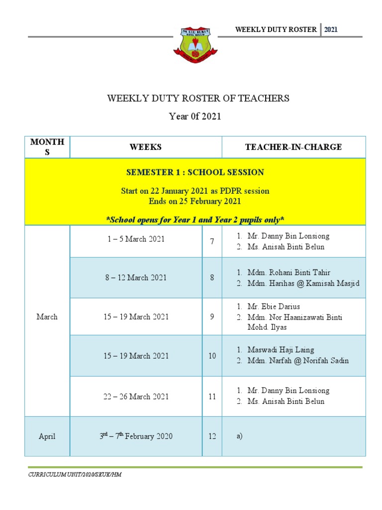 Teachers' Duty Roster 2021 | PDF