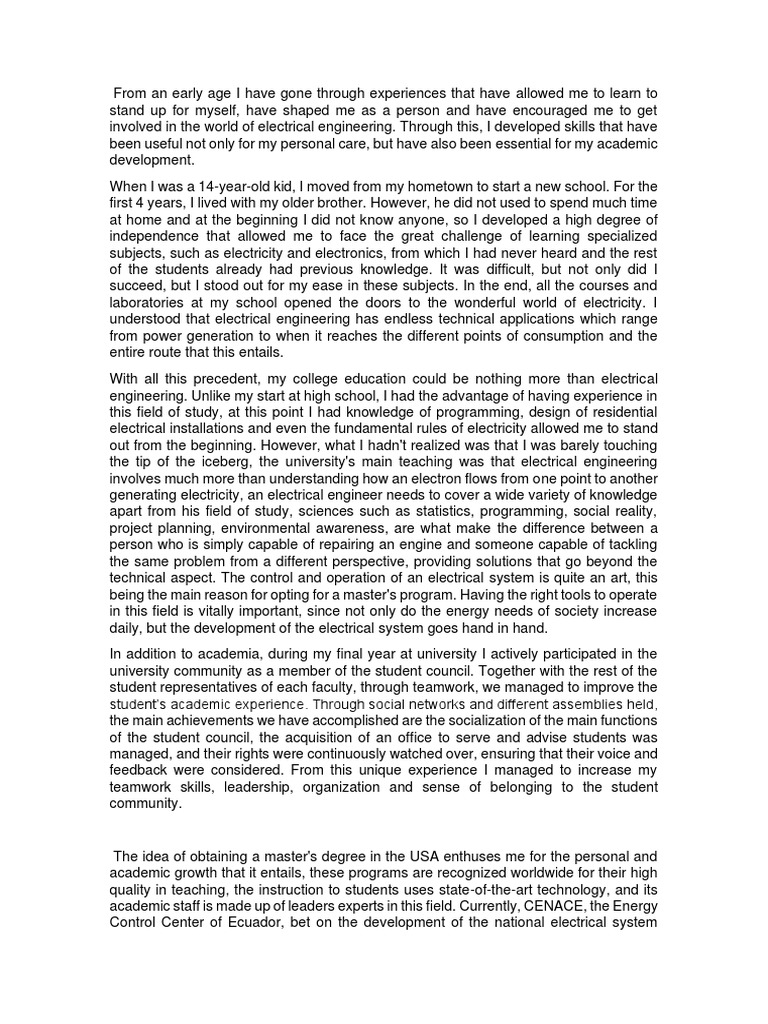 Personal Statement | PDF | Experience | Electrical Engineering