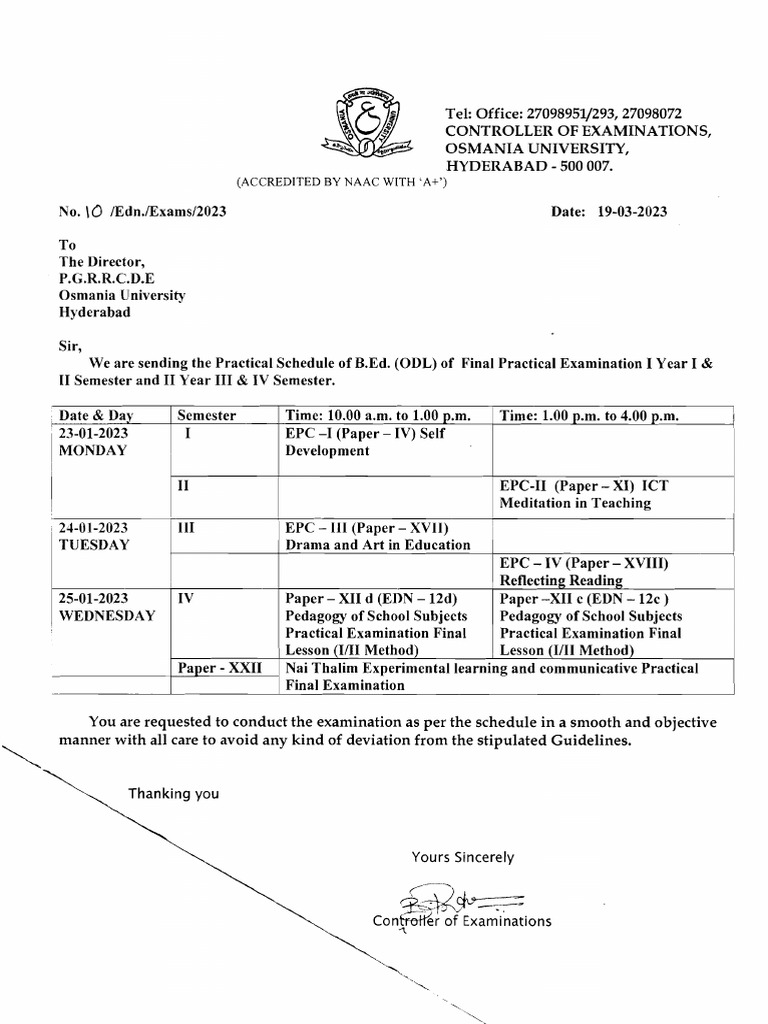 Schedule for B.Ed. (ODL) Final Practical Examinations at Osmania ...