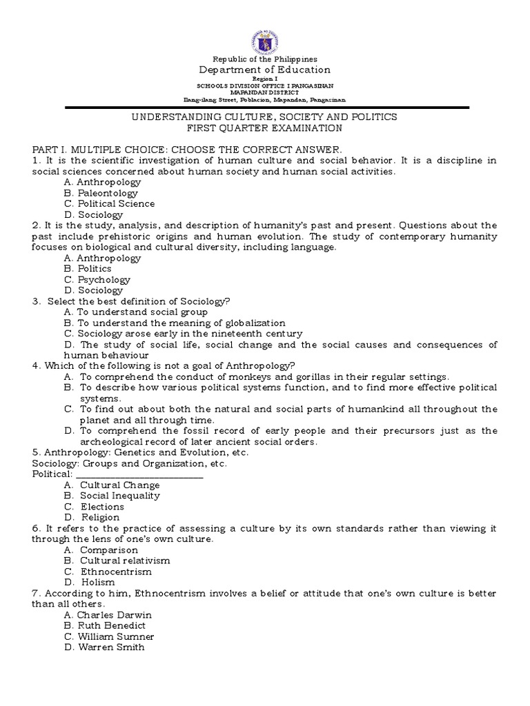 1st Quarter Exam - UCSP | PDF | Sociology | Anthropology