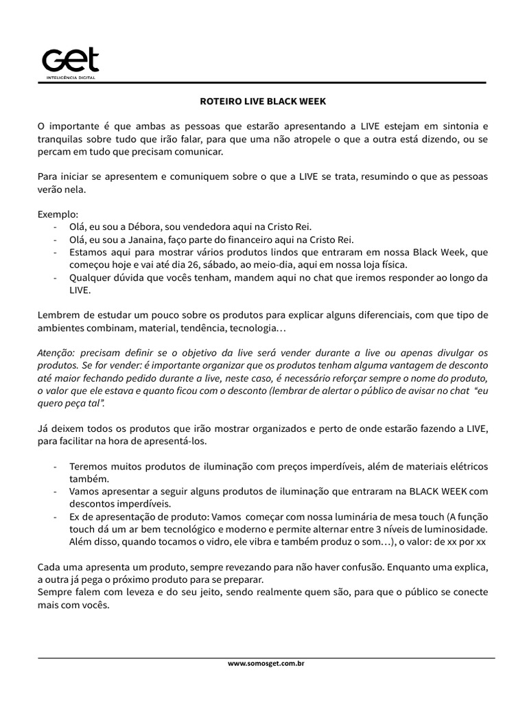 Roteiro LIVE - Black Week | PDF