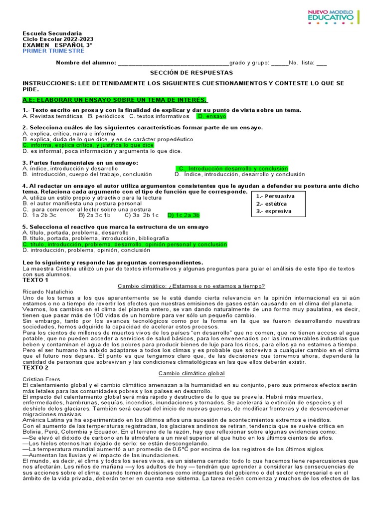 Examen Espa Ol 3ų Primer Trimestre | PDF | Cambio climático | Ensayos